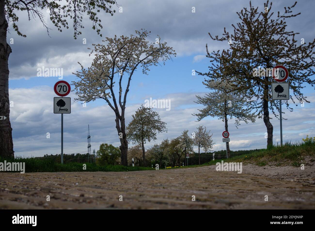 A speed limit signs on the rural road Stock Photo - Alamy
