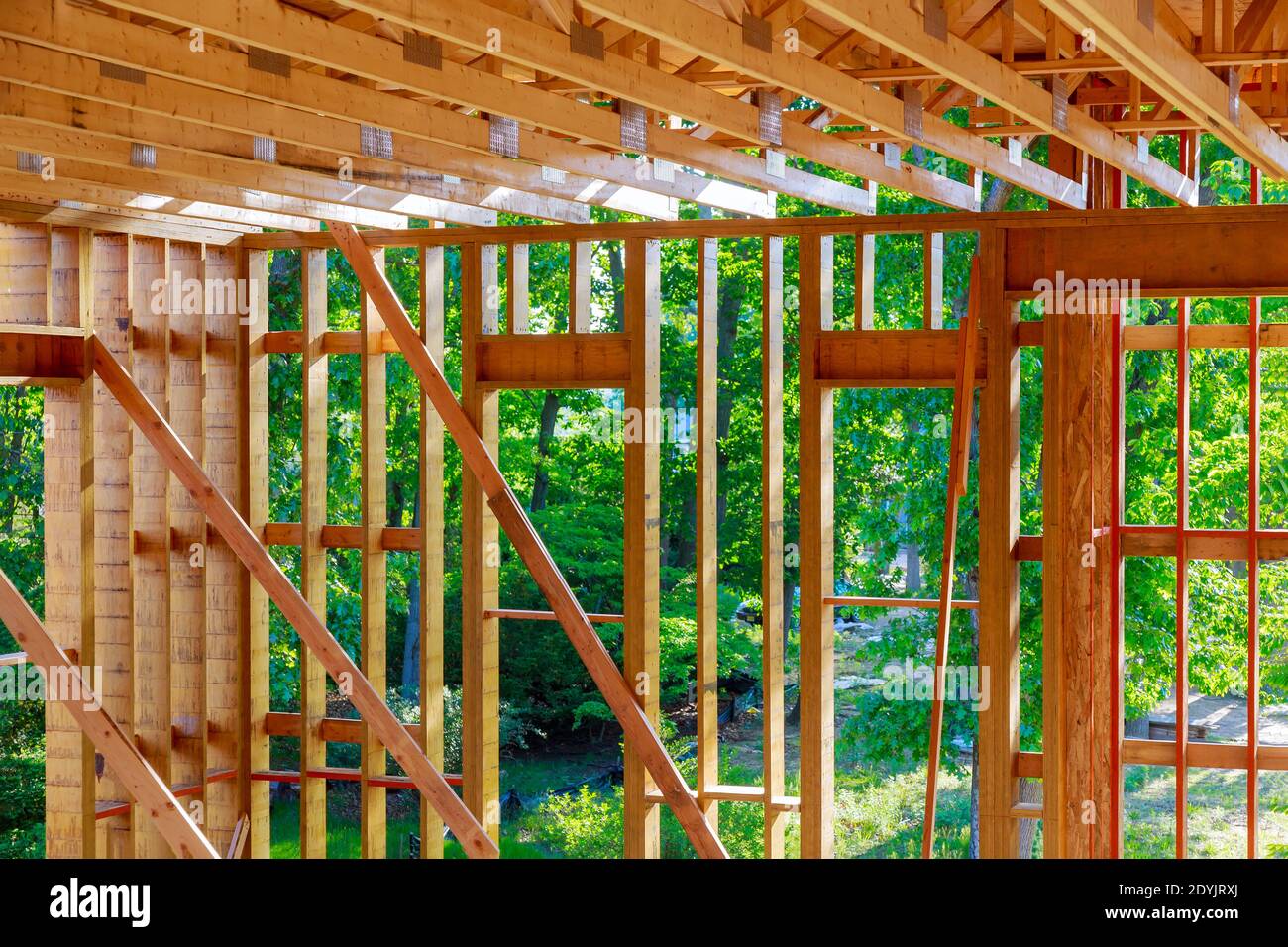 Construction home interior inside a framing on residential beam ...