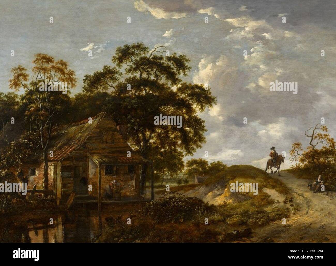 Landscape with a cottage by a river and a woman scouring a pot a ...