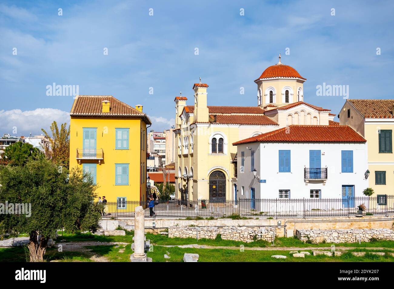 The roman market and colorful houses in the old town of Athens, Greece ...