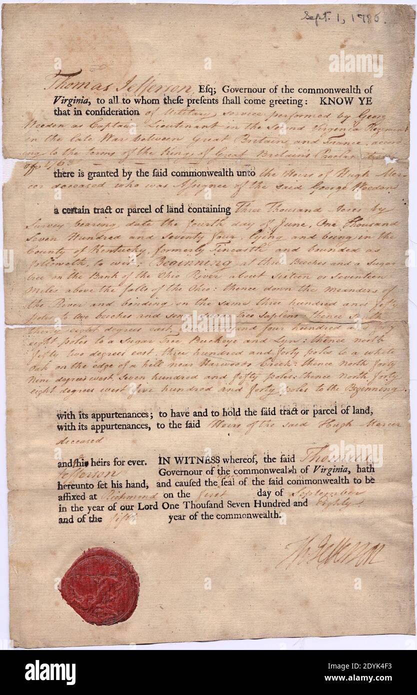 Land grant Hugh Mercer's Heirs Thomas Jefferson 1780 Stock Photo - Alamy