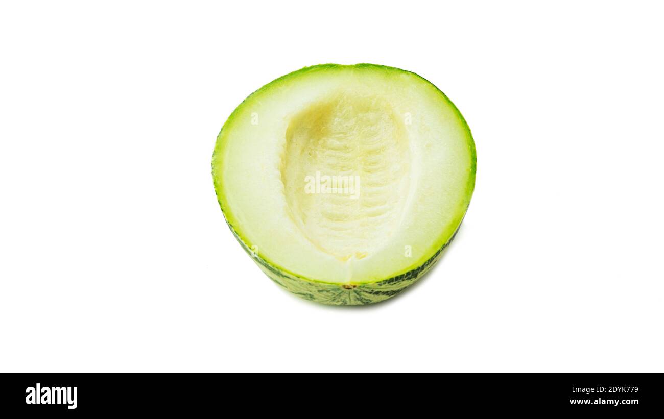 Striped melon on a white background. The unusual coloring of the melon ...