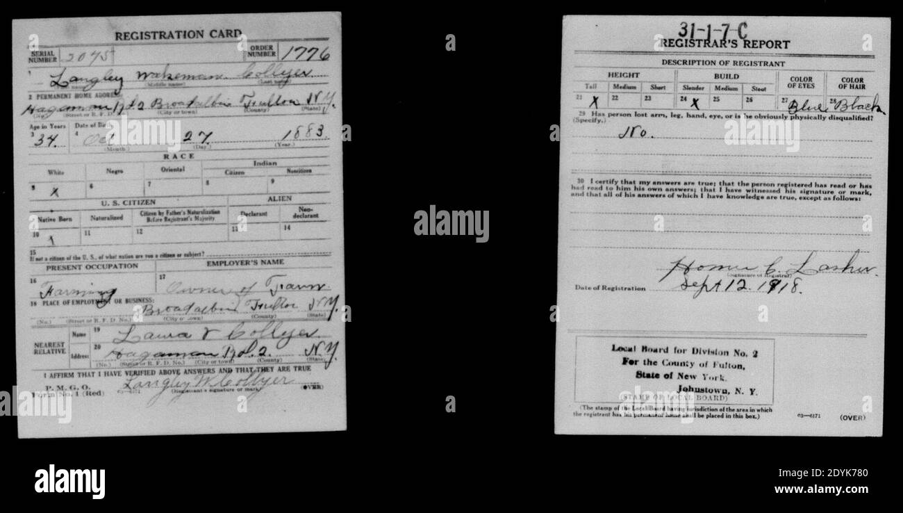 Langley Wakeman Collyer in the World War I draft registration Stock ...