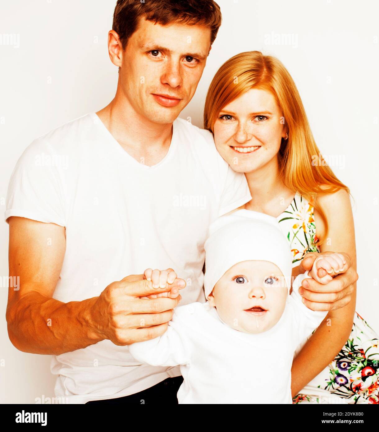 young cute happy modern family, mother father son isolated on white ...