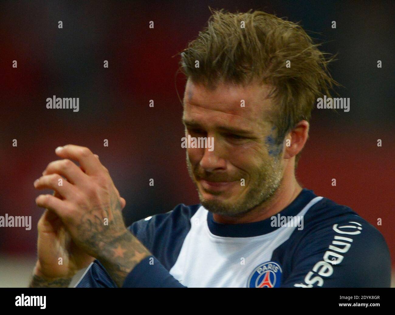 David Beckham crying after being replaced in his last game during the ...