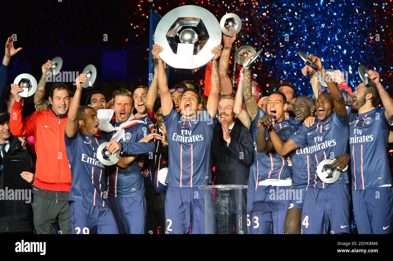 PSG's team celebrate with the French First League trophy during the ...