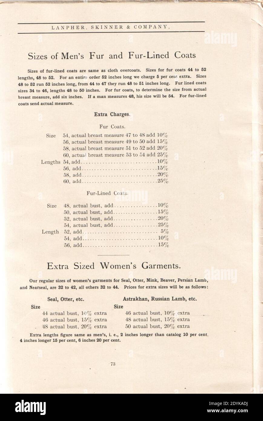 Lanpher Furs price list S73 Sizes of Men's Fur and Fur-Lined Coats ...