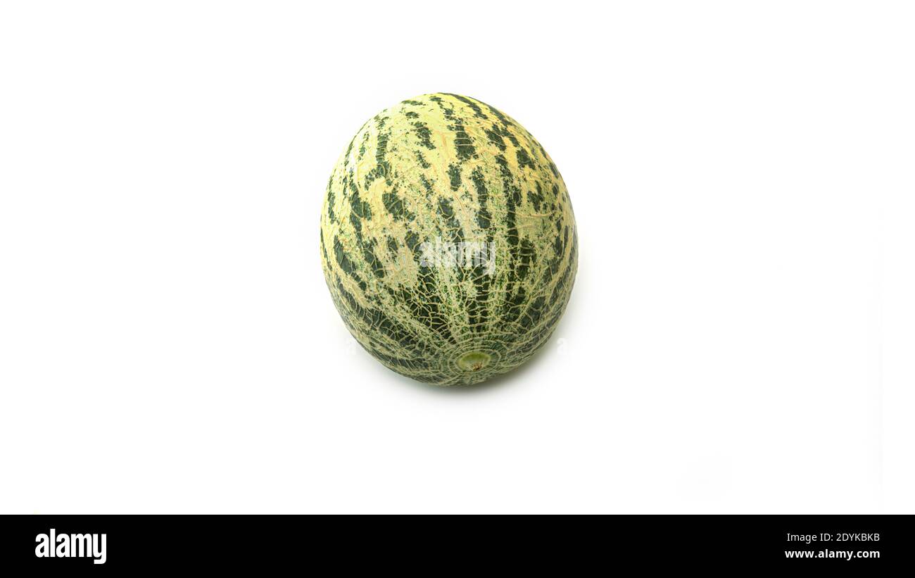 Striped melon on a white background. The unusual coloring of the melon ...