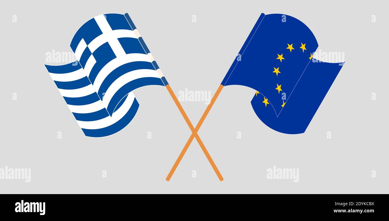 Crossed and waving flags of Greece and the EU. Vector illustration ...