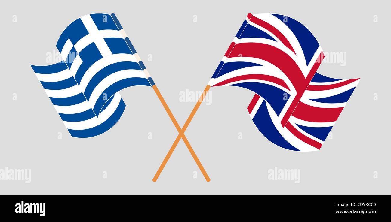 Crossed and waving flags of Greece and the UK. Vector illustration ...