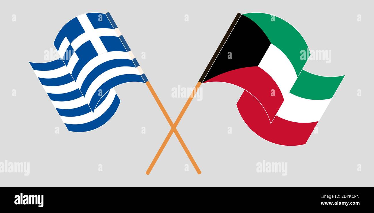 Crossed and waving flags of Greece and Kuwait. Vector illustration ...