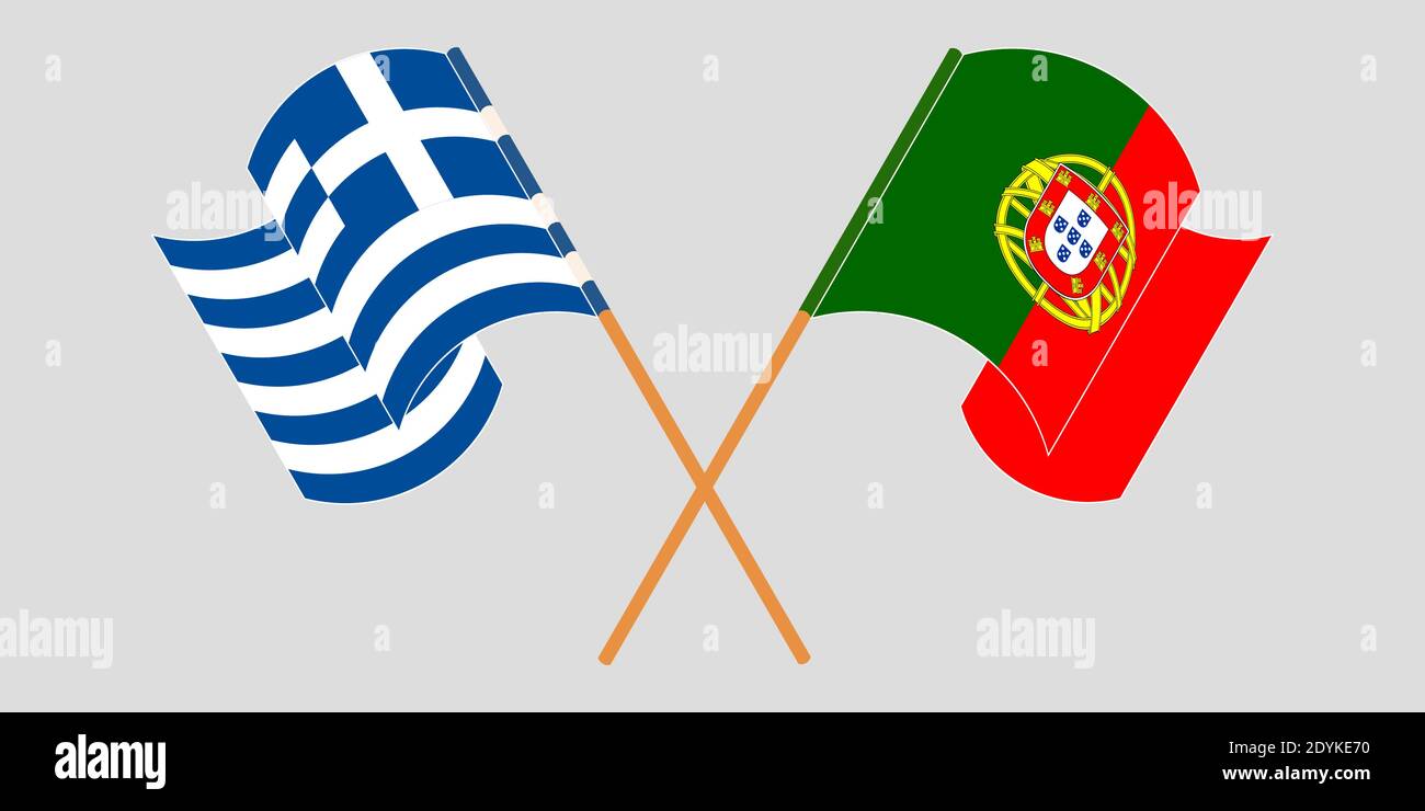 Crossed and waving flags of Greece and Portugal. Vector illustration ...