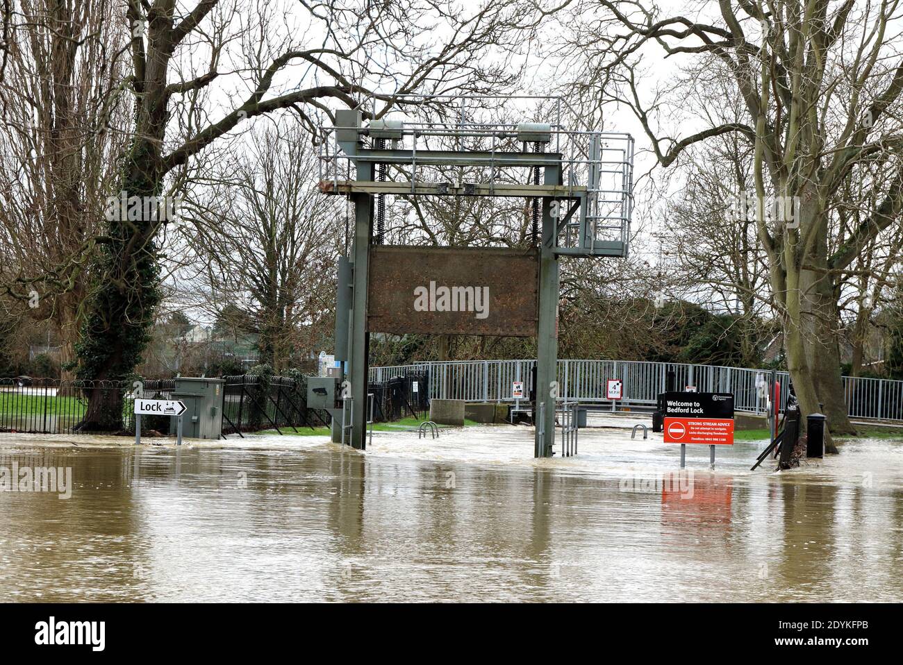 The Bedford lock is in the middle of flood water alongside the river ...