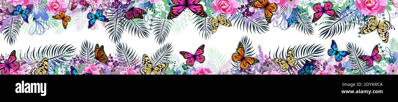 A long horizontal frame with butterflies. site header. Vector ...