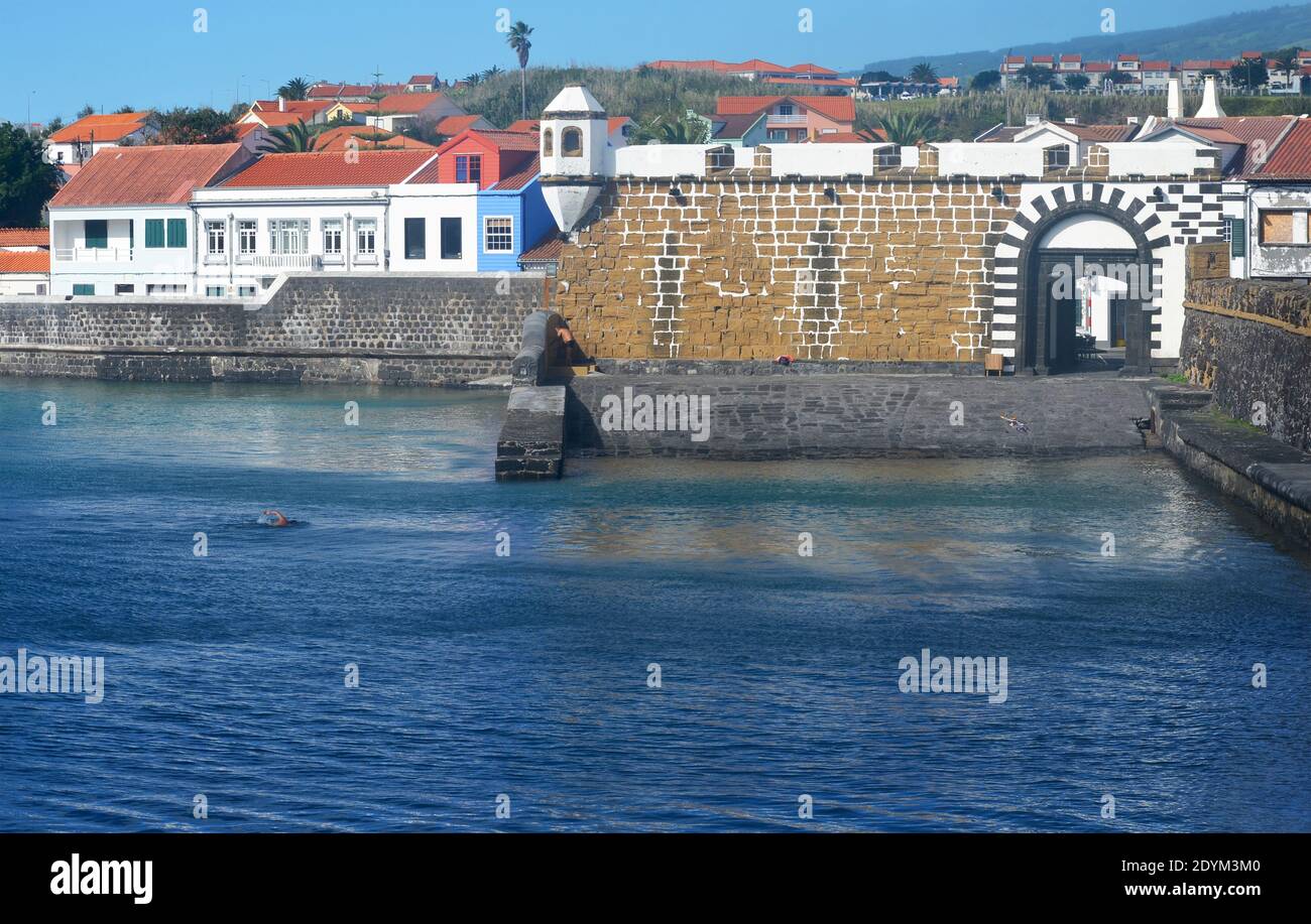 Porto Pim bay in the city of Horta, Faial island, Azores, Portugal ...