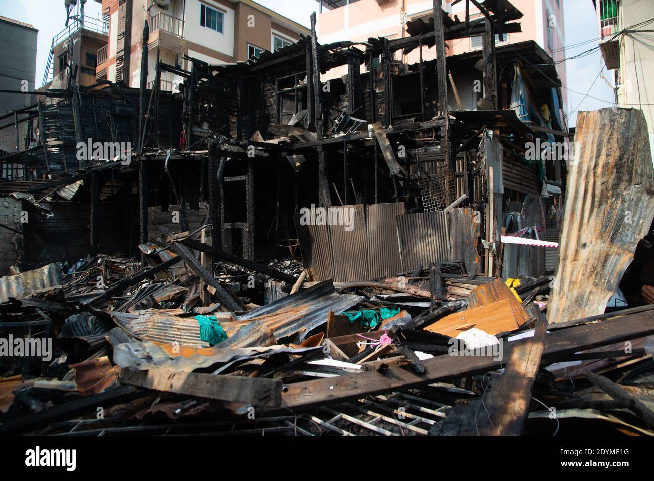 House on fire in a village, rubble after the fire Stock Photo - Alamy