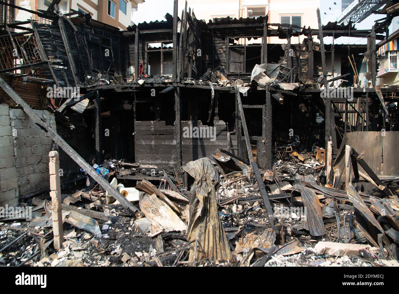 House on fire in a village, rubble after the fire Stock Photo - Alamy