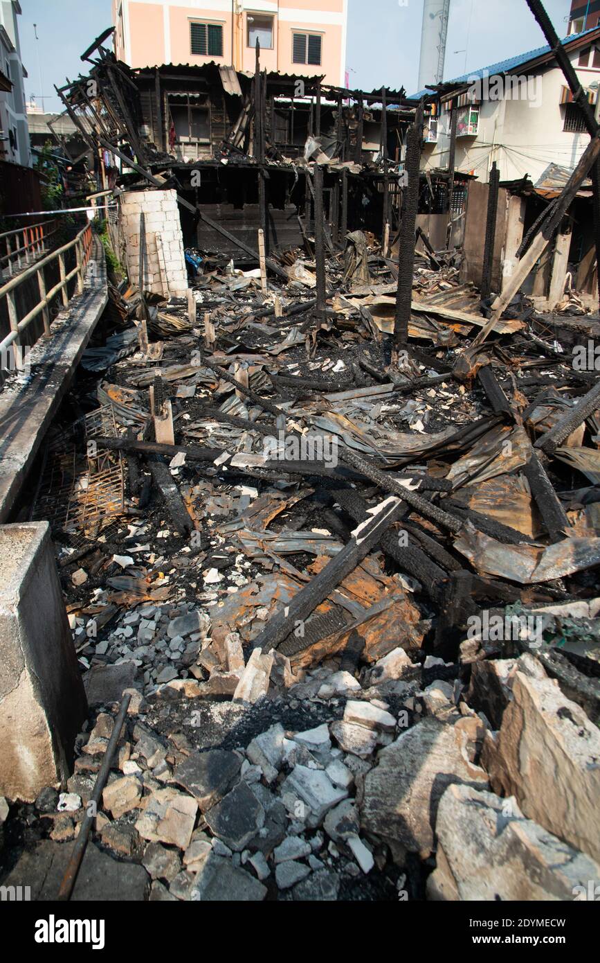 House on fire in a village, rubble after the fire Stock Photo - Alamy