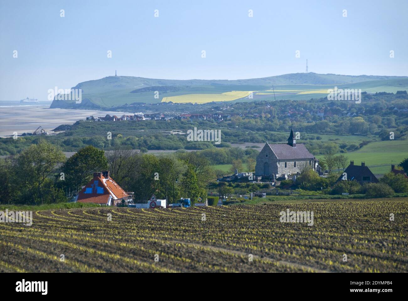 A country church stands along farm fields at Cap Gris Nez (grey nose ...