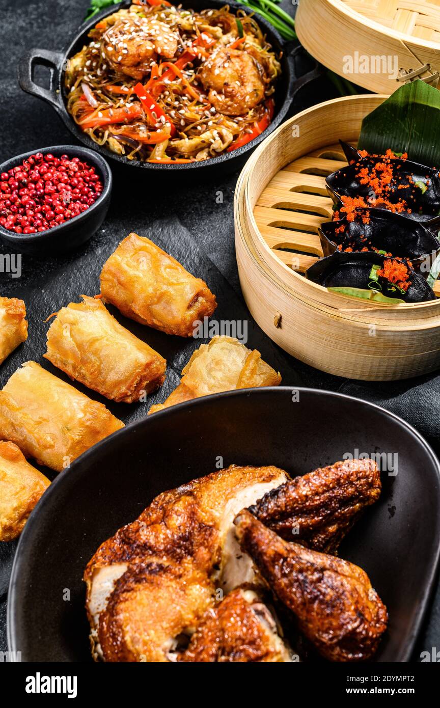 Chinese cuisine dishes set, food black background. Chinese noodles ...