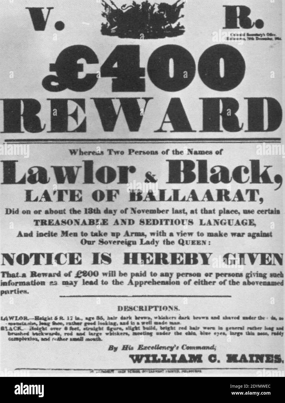 Reward notice lalor black eureka Stock Photo - Alamy