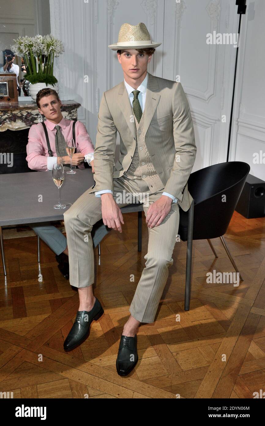A model displays a creation as part of Francesco Smalto Men Spring ...