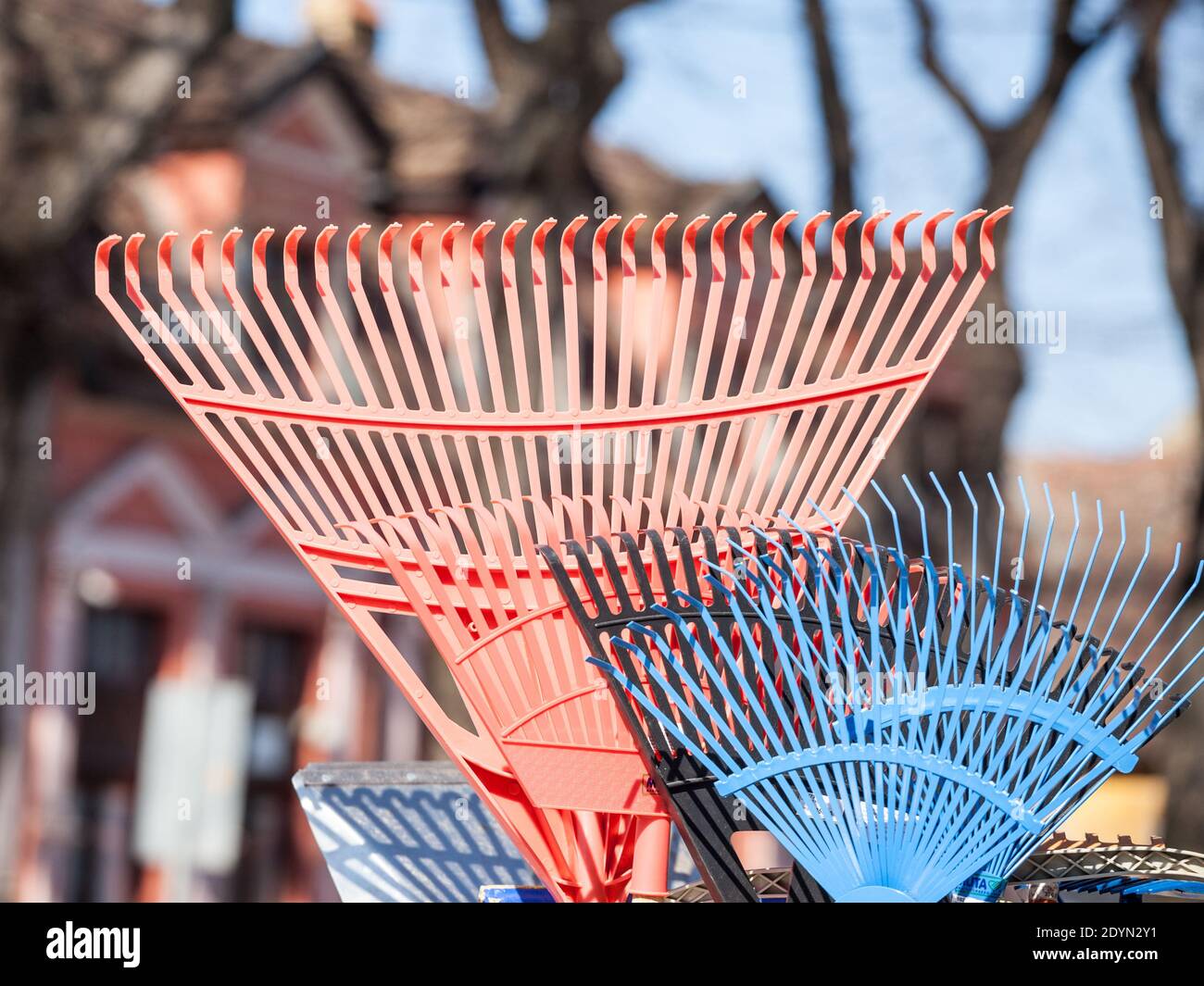 Gardening leaf rakes, red and blue, on display for sale outside, ready ...