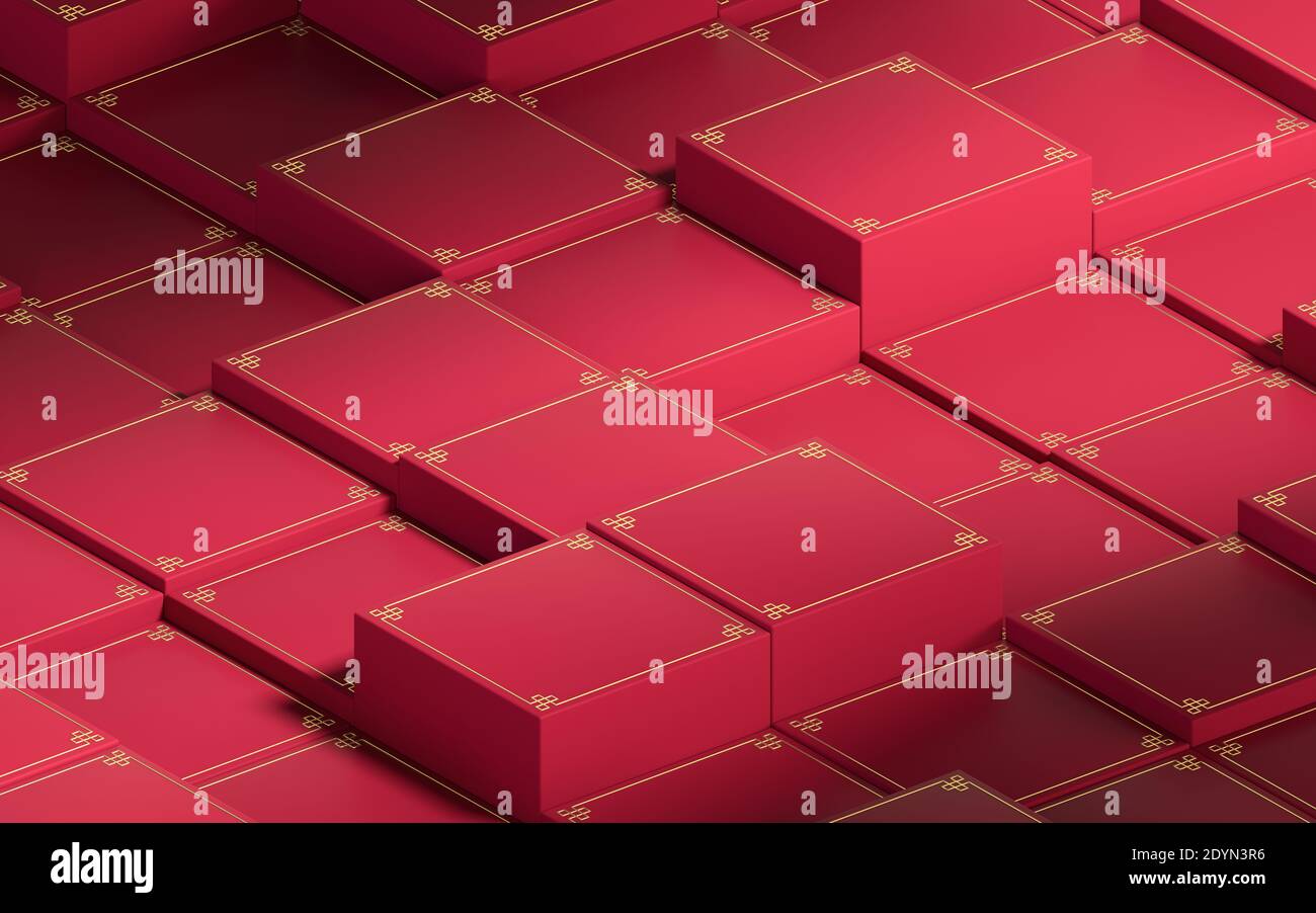 Red cubic platform, Chinese style, 3d rendering. Computer digital ...