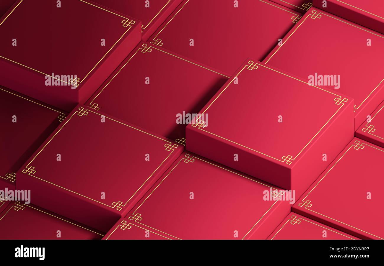 Red cubic platform, Chinese style, 3d rendering. Computer digital ...