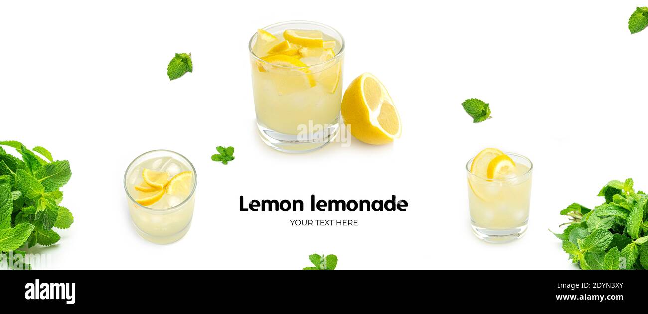 Lemon lemonade with ice and mint on white background. Long header ...