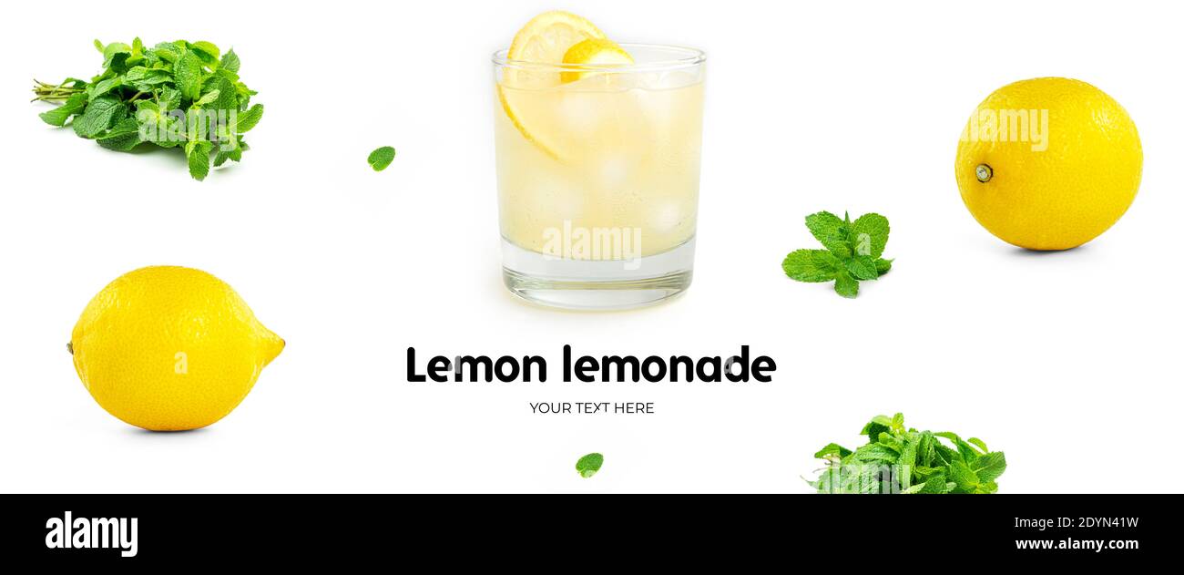 Lemon lemonade with ice and mint on white background. Long header ...