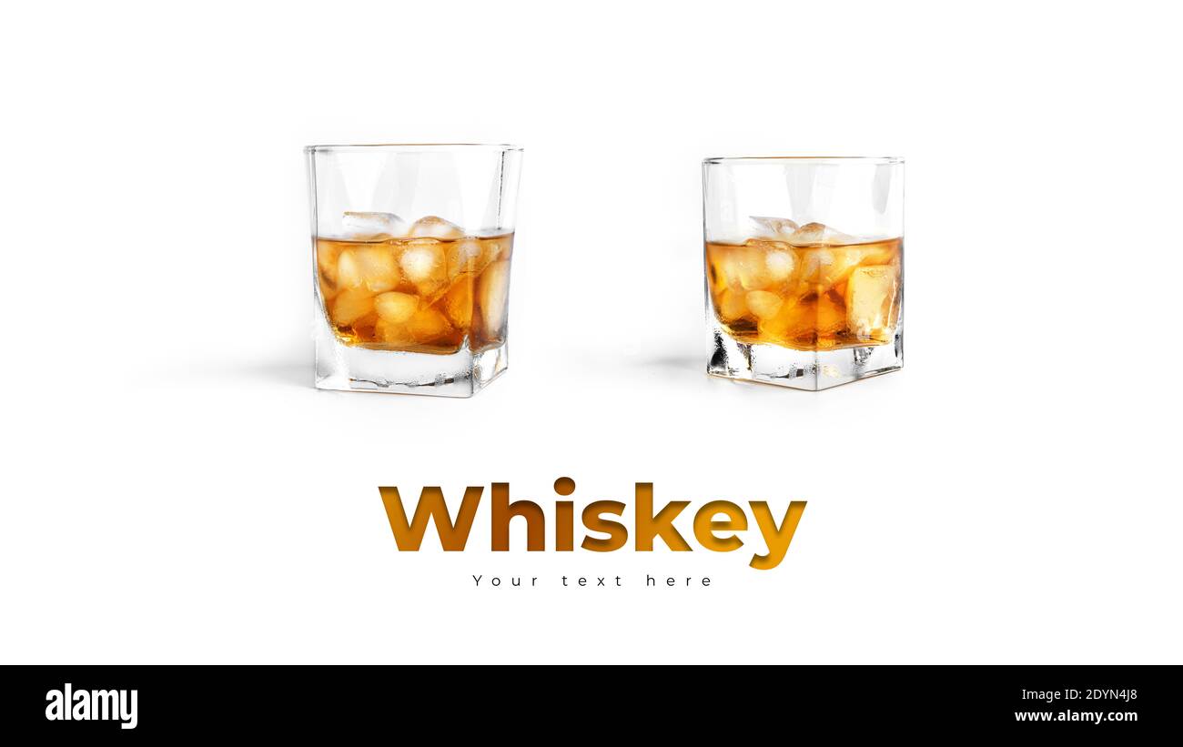 Whiskey with ice and cigar on white background. Long header banner ...