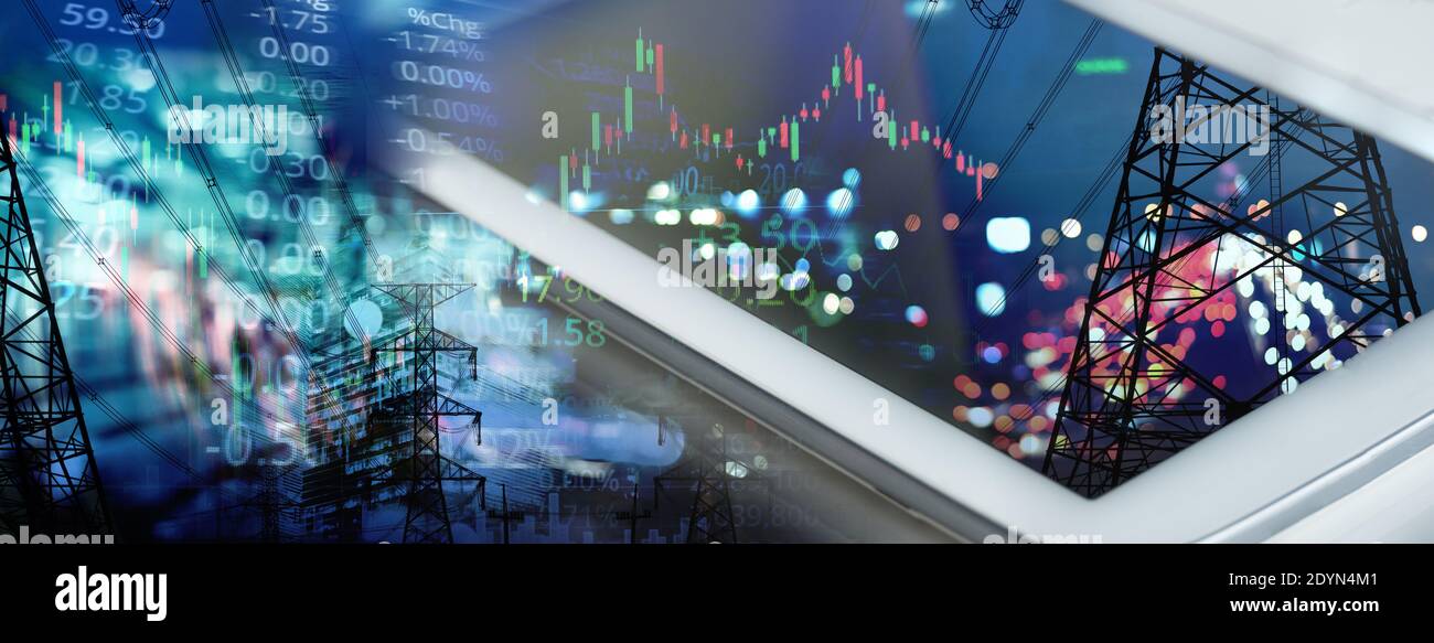 mobile phone or tablet with graph line of stock market trading business ...