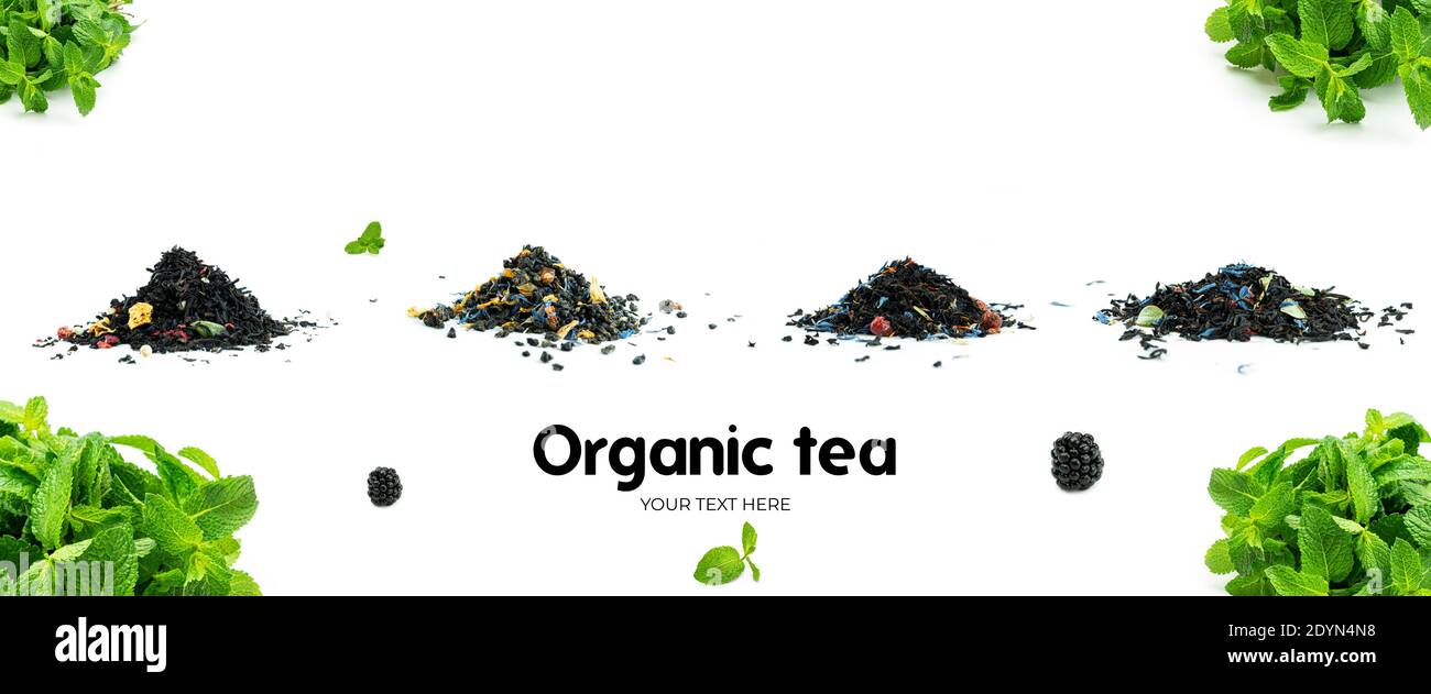 Different sorts of tea on white background. Long header banner format ...