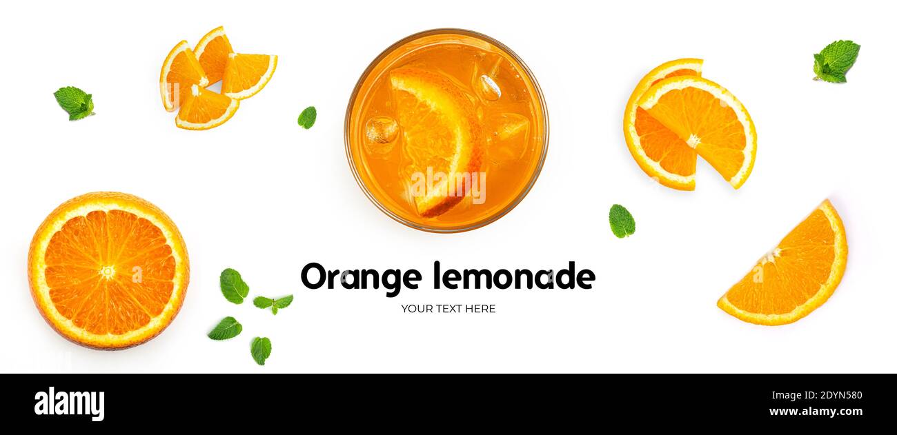 Orange lemonade with ice and mint on white background. Long header ...