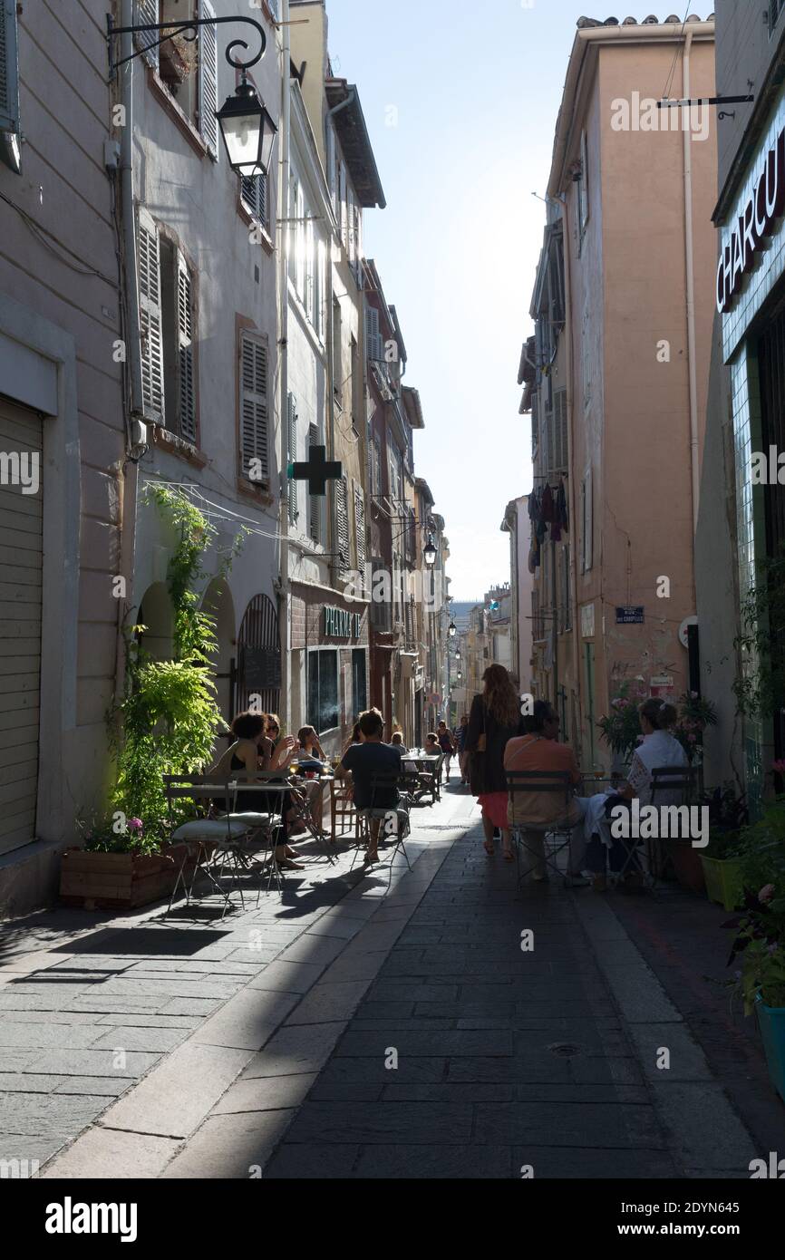 Marseille, France, Cafes and restaurants among the color washed ...