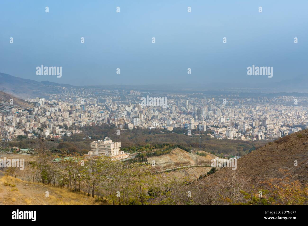 City view of Tehran City with dust and mist and modern buildings, Iran ...