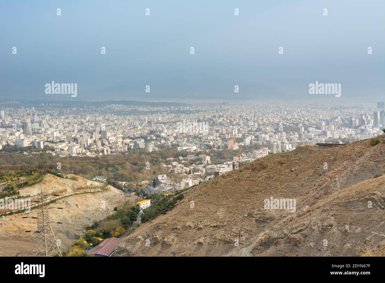 City view of Tehran City with dust and mist and modern buildings, Iran ...