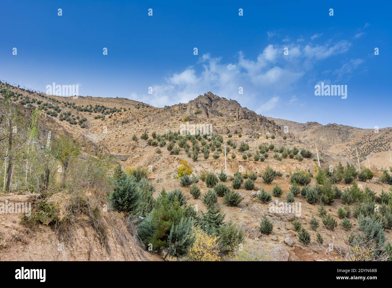 Tochal mountain with rocks and trees in the Zafaraniyeh and velenjak ...