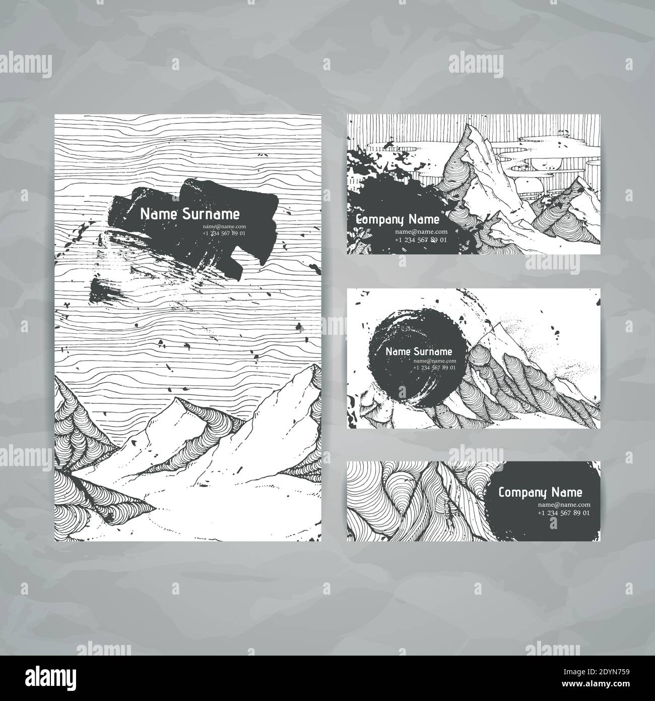 Set of doodle card templates with hand-drawn landscape elements and ...