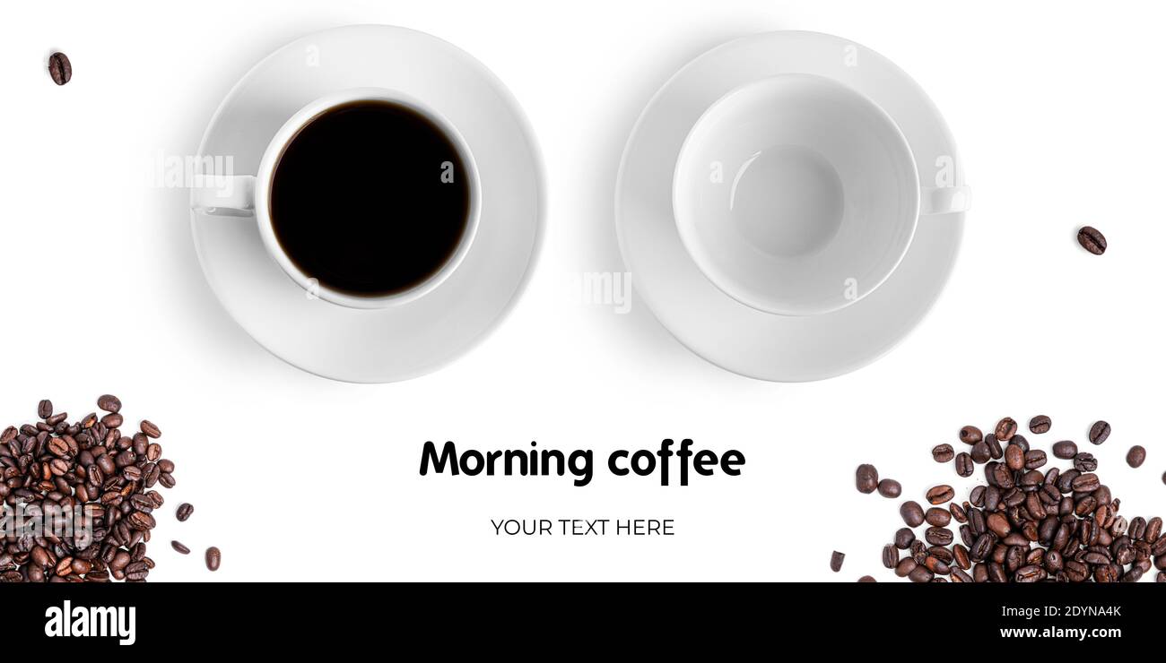 Coffee cups and sweets on a white background. Long header banner format ...