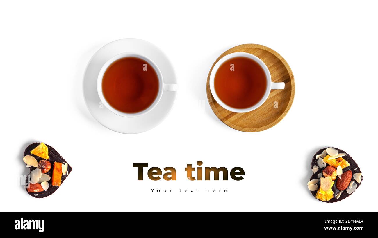 Tea and raw chocolate on a white background. Long header banner format ...