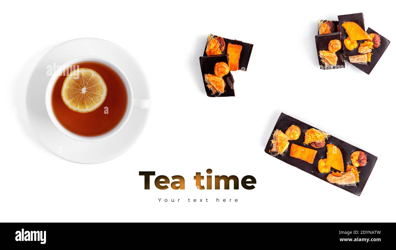 Tea and raw chocolate on a white background. Long header banner format ...