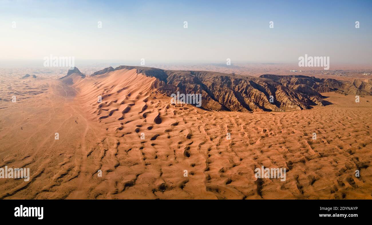 Aerial panorama of Fossil Rock in the Sharjah desert of the United Arab ...