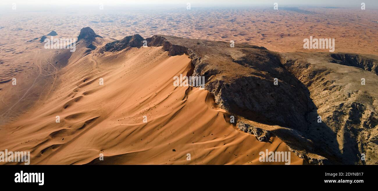 Aerial panorama of Fossil Rock in the Sharjah desert of the United Arab ...