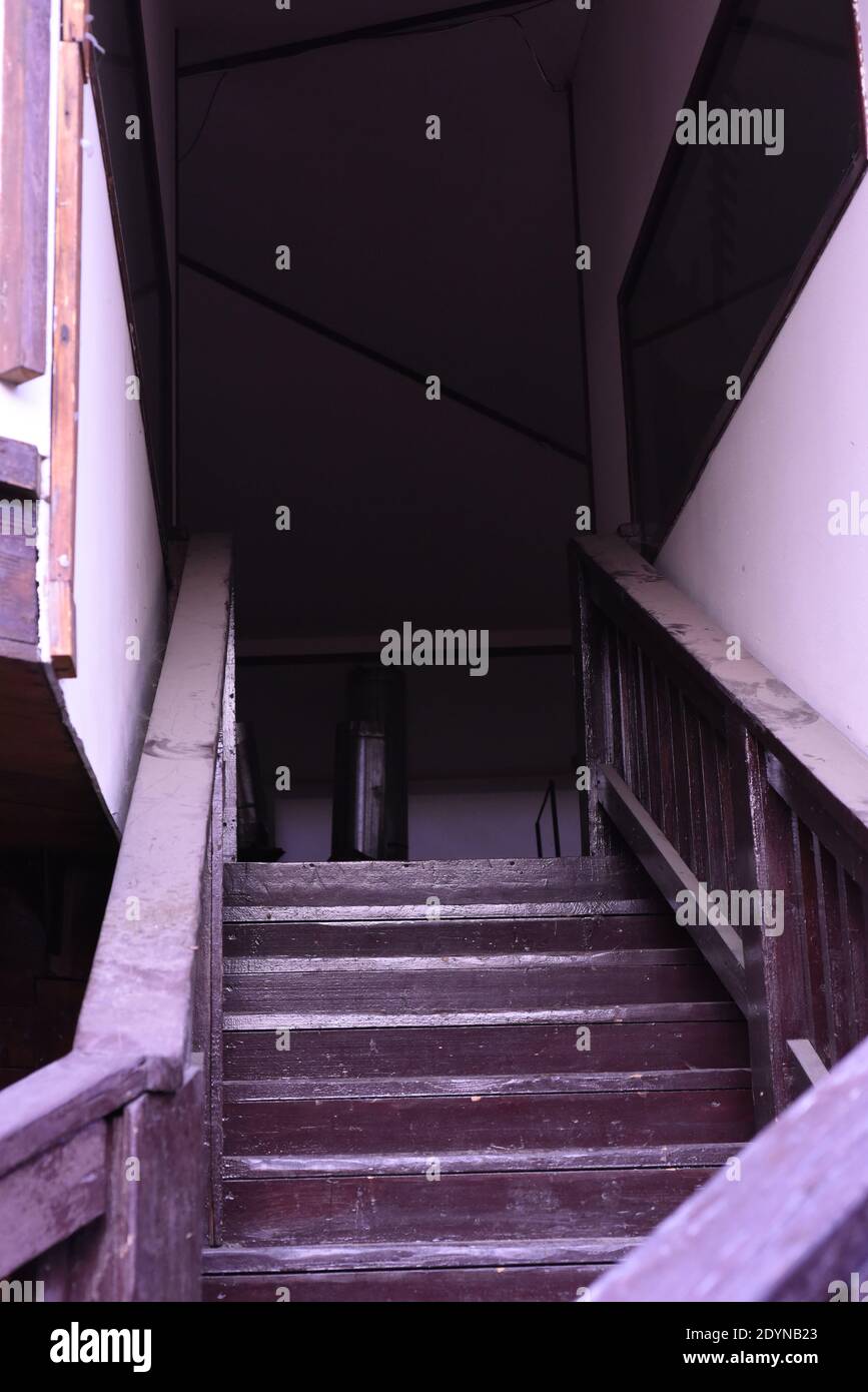 A vertical shot of the old dusty wooden stairs Stock Photo - Alamy