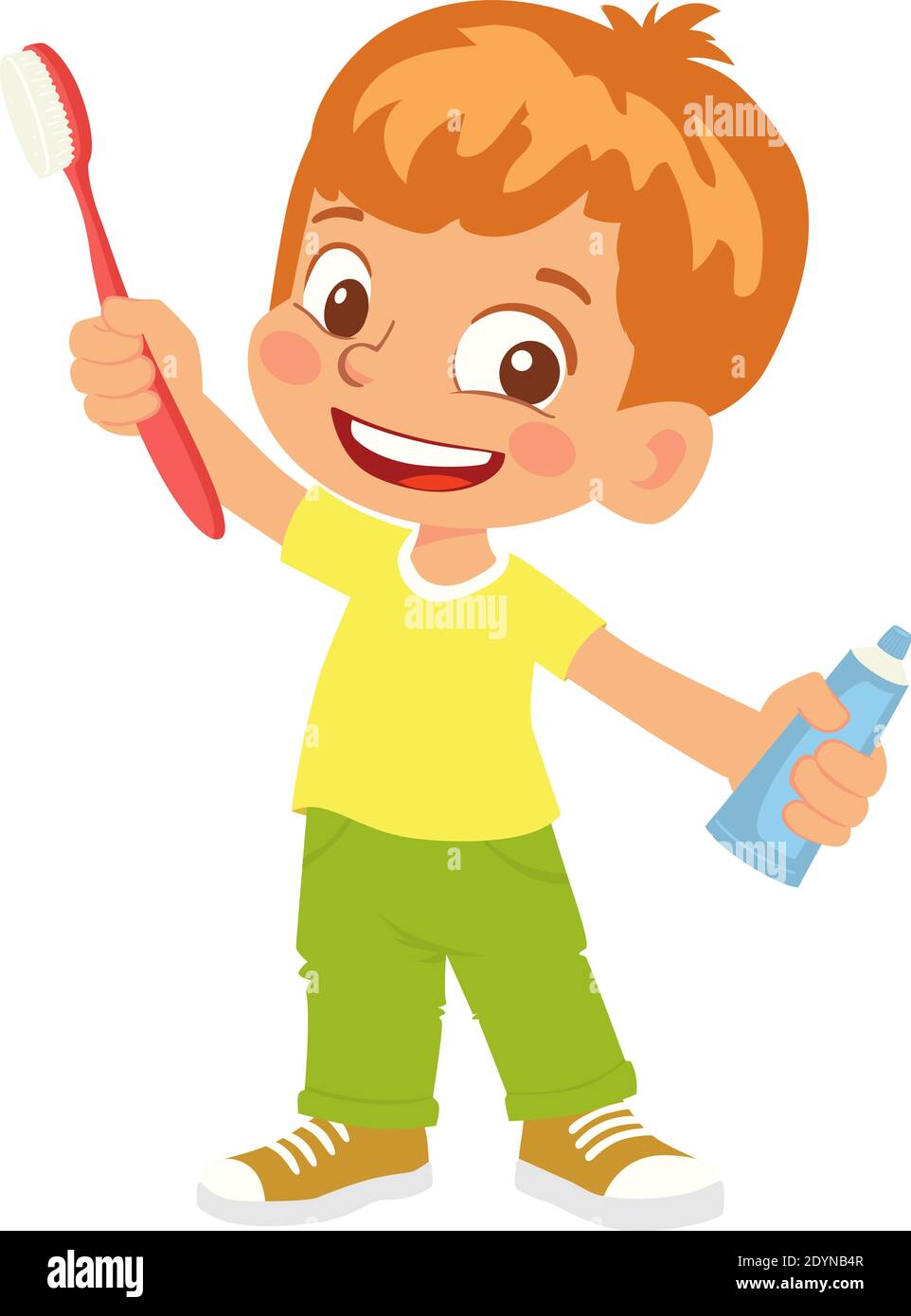 boy holding a toothbrush and toothpaste Stock Vector Image & Art - Alamy