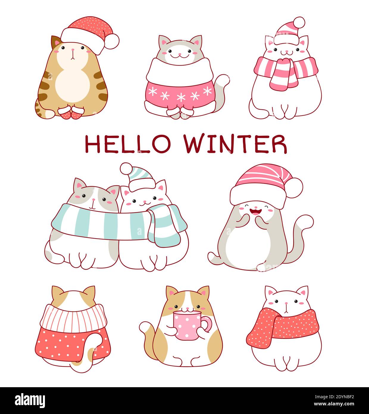Hello winter. Christmas collection of cute fat cats in scarves and hats. Set of lovely cats in ...
