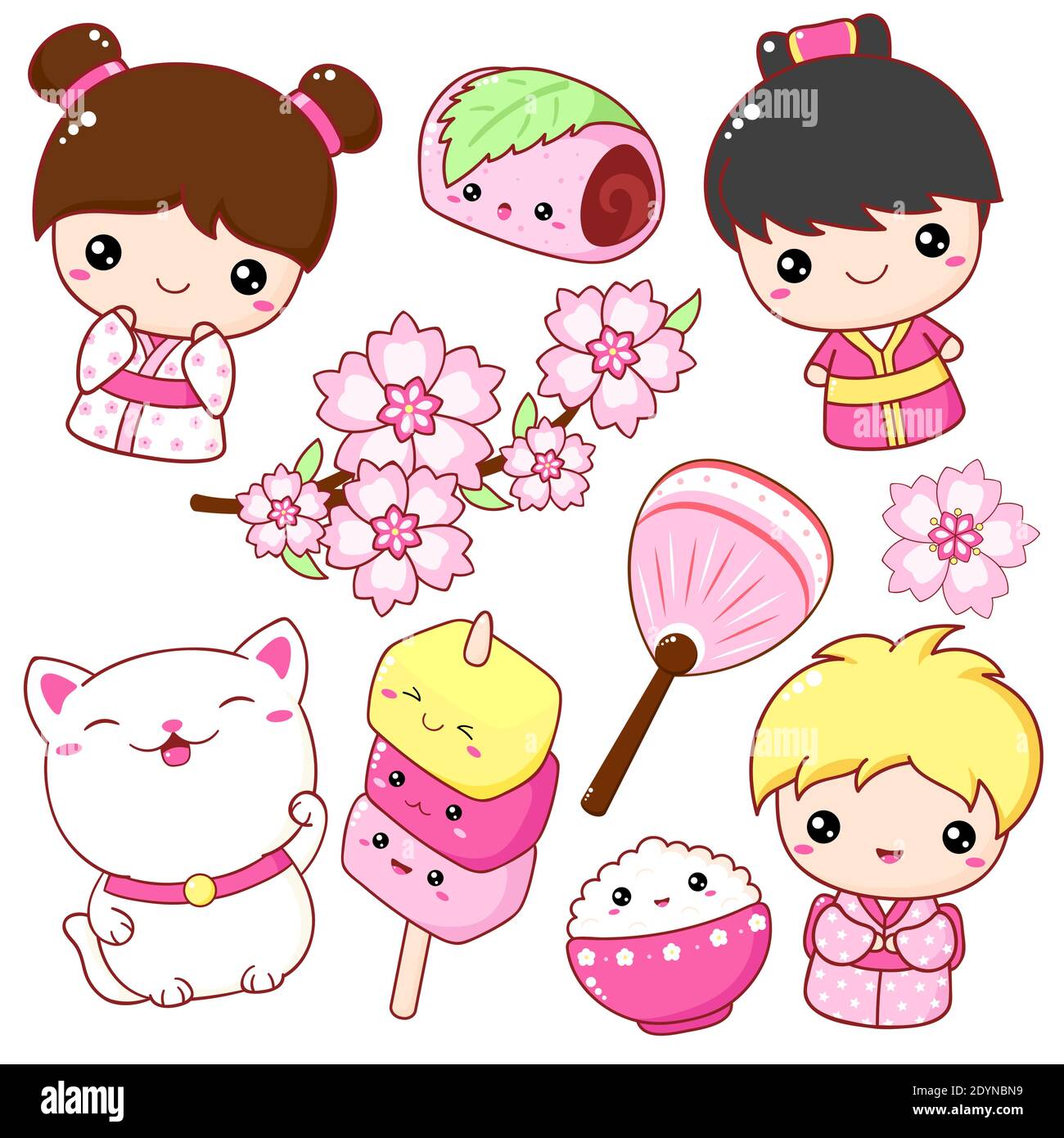 Set of cute icons in kawaii style. Japanese traditional toy kokeshi ...