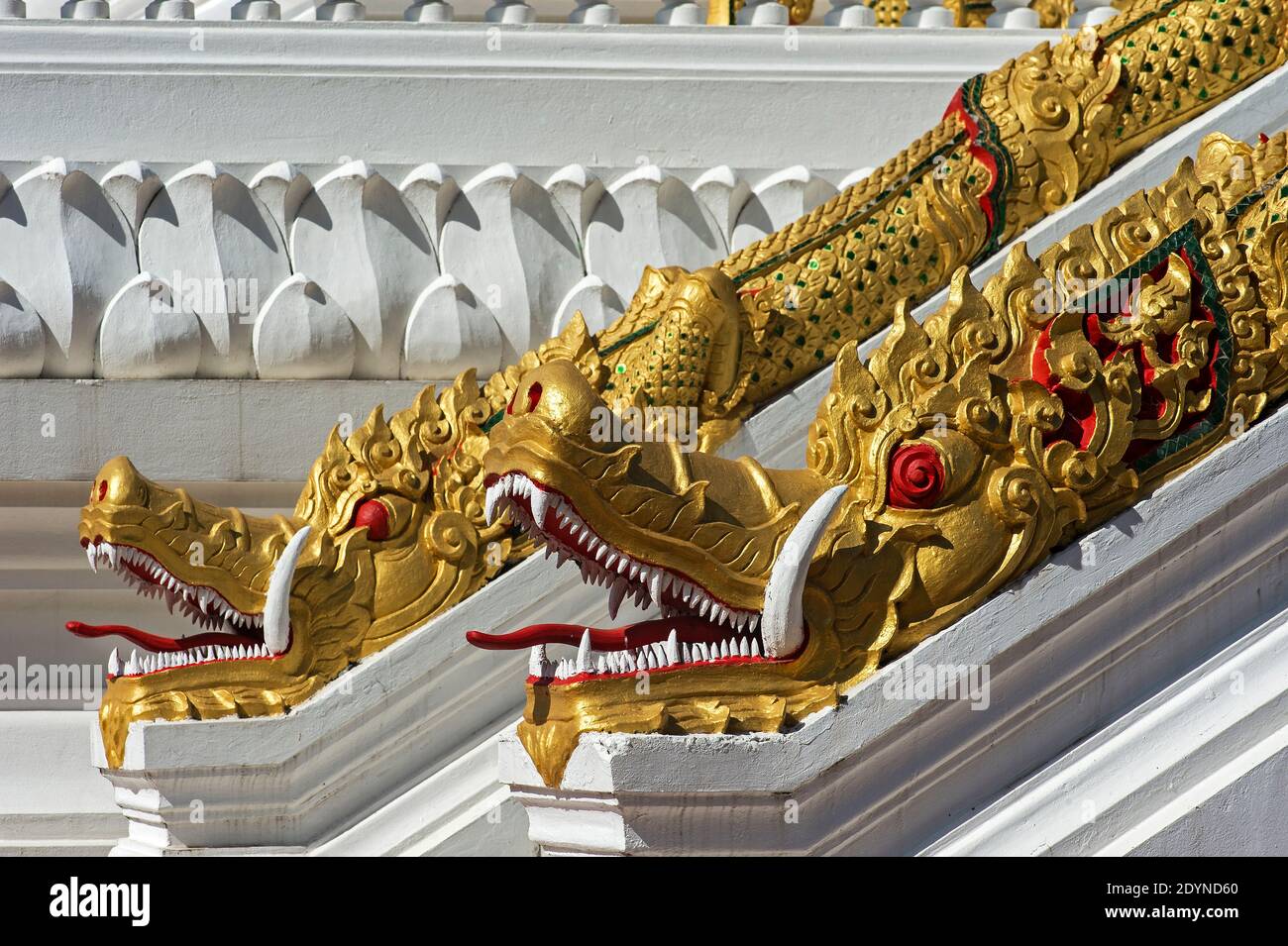 Gilded Naga snakes, mythological serpents, lining a stairway, Temple ...